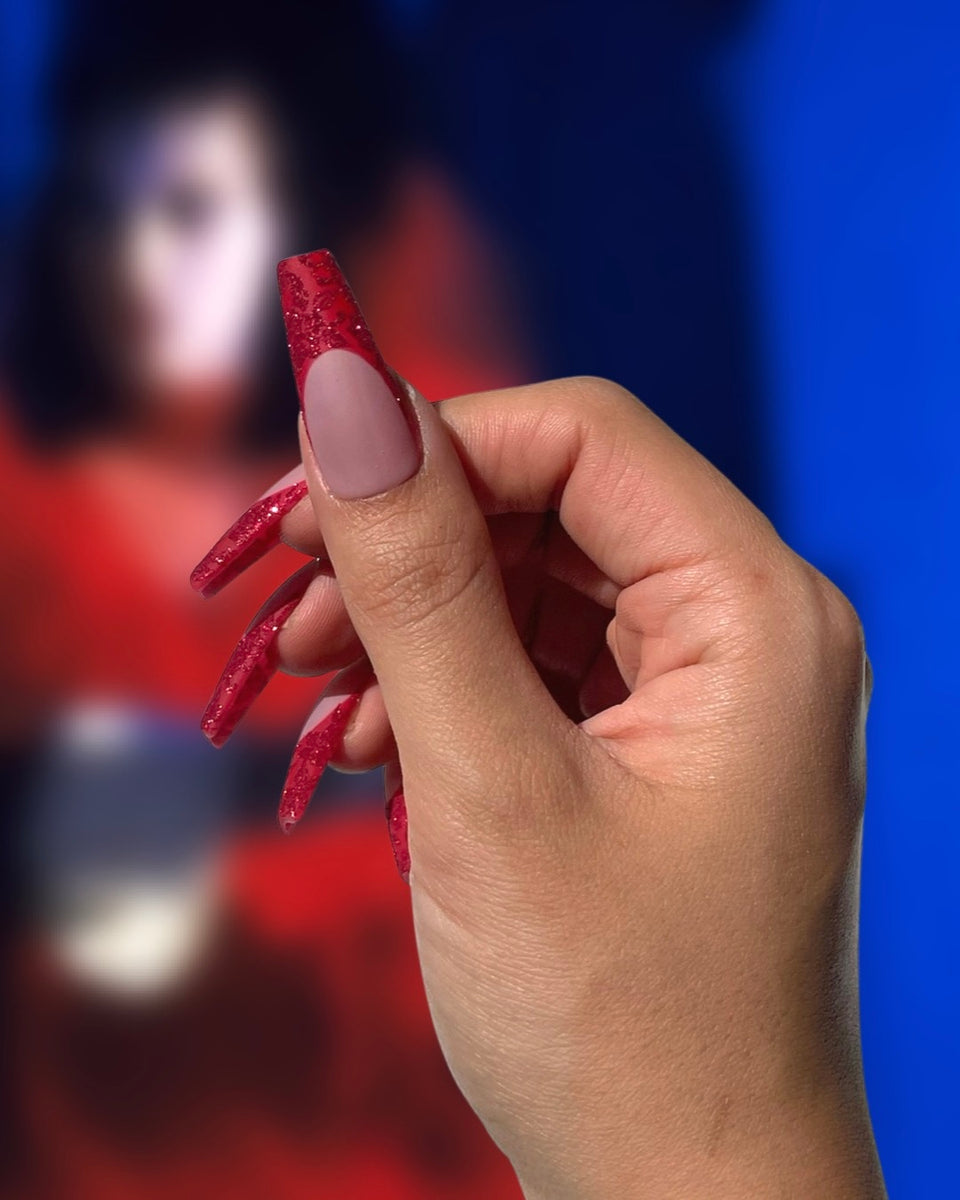 Lydia - Red French Lace Glitter Press-On Nails – Pamper Nail Gallery